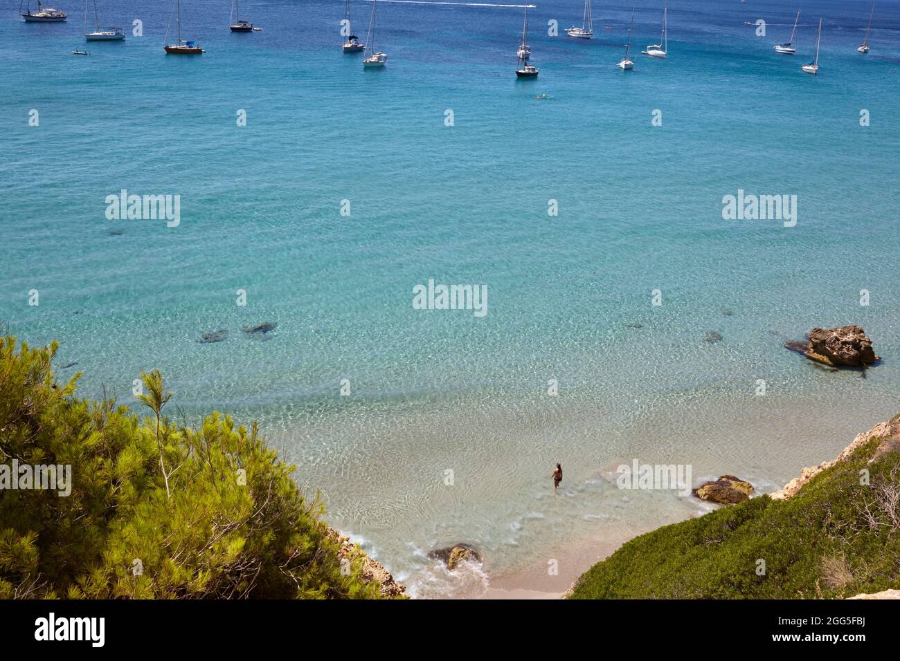 Elevated view of Playa De Binigaus, Menorca,Balearic Islands, Spain ...