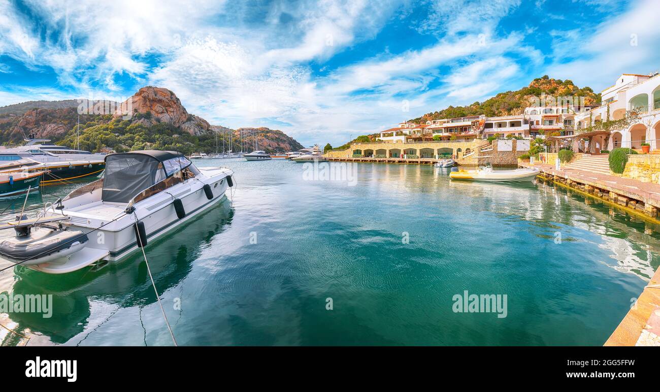 Gorgeous view of Poltu Quatu port and bay with luxury yachts on Costa ...
