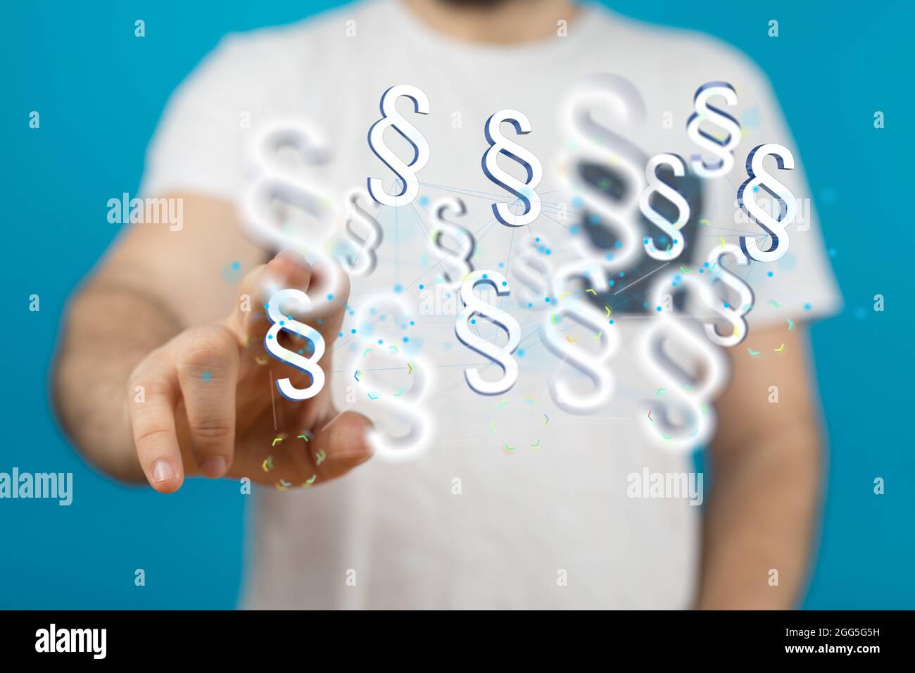 A finger touching a digital illustration of floating law signs in 3D ...