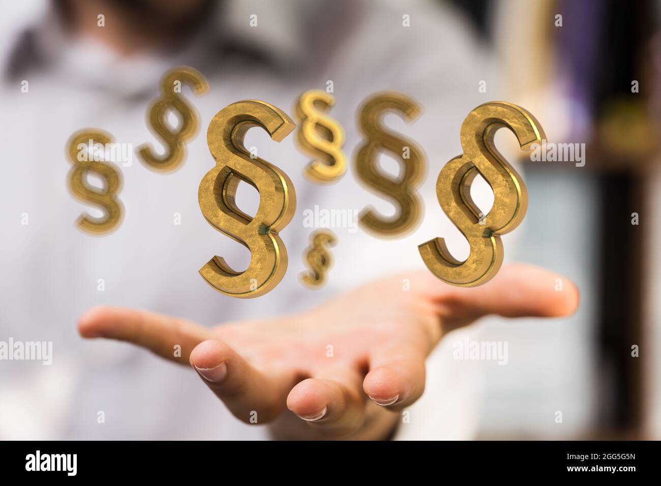 A digital illustration of floating law signs in 3D on a hand Stock ...