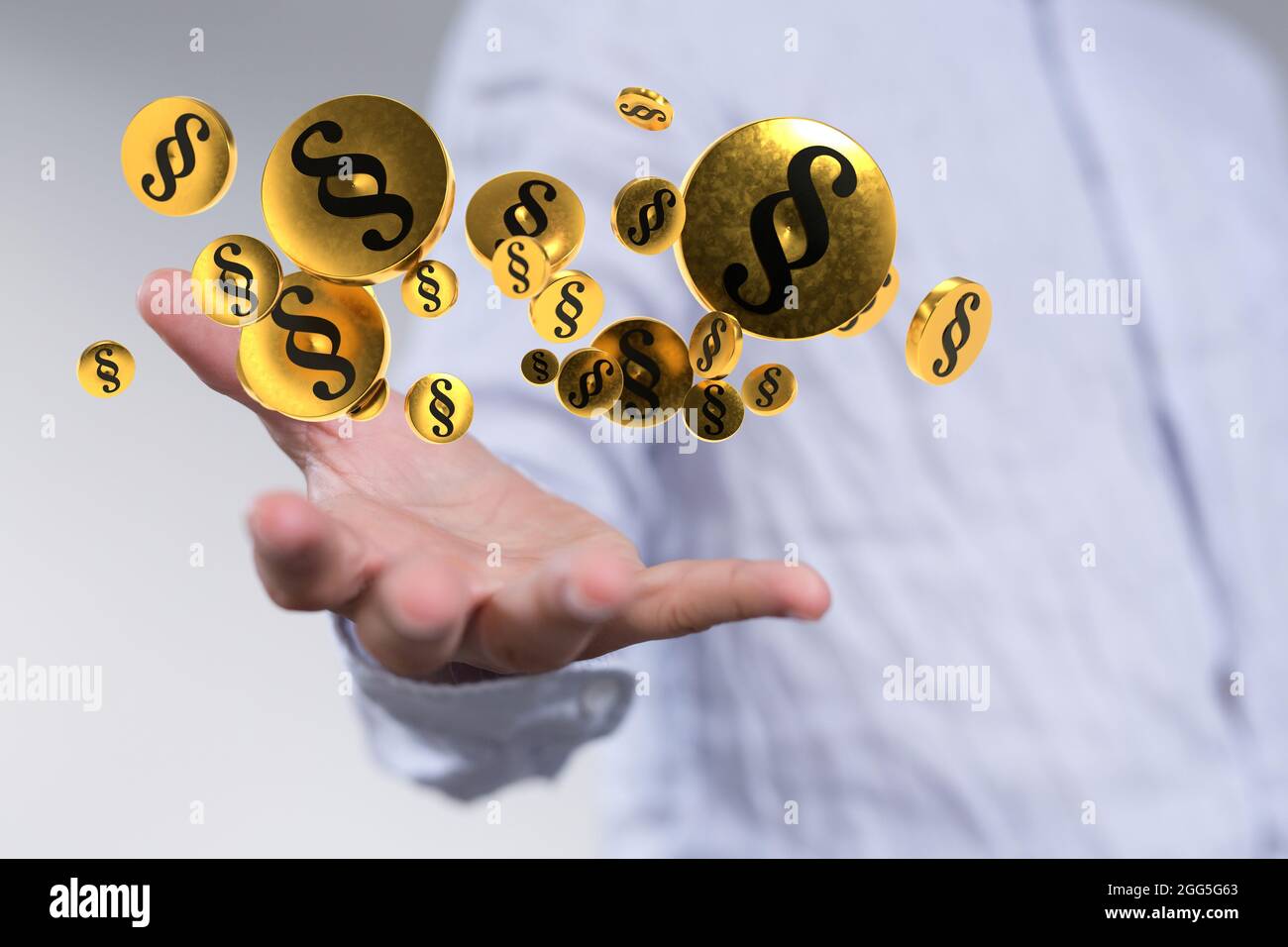 A digital illustration of floating law signs in 3D on a hand Stock ...