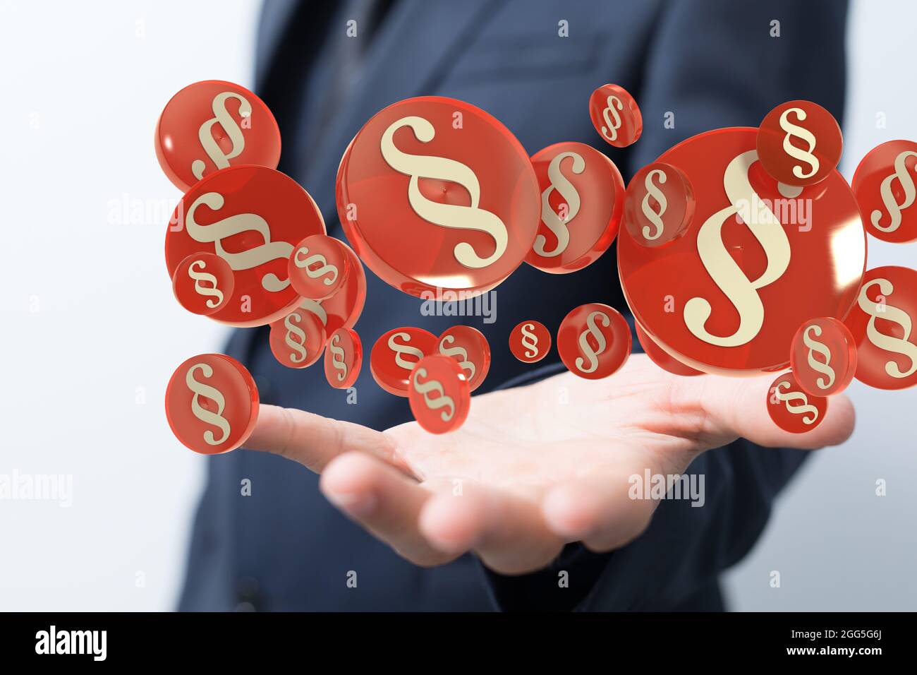 A digital illustration of floating law signs in 3D on a hand Stock ...