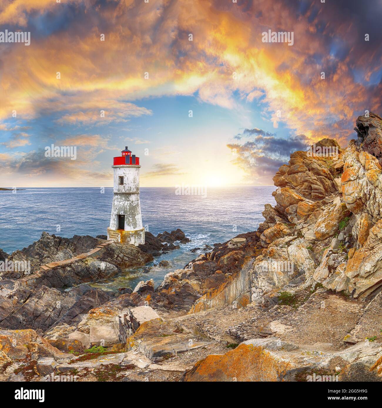 Breathtaking view of sunrise over Capo Ferro Lighthouse. Popular travel ...