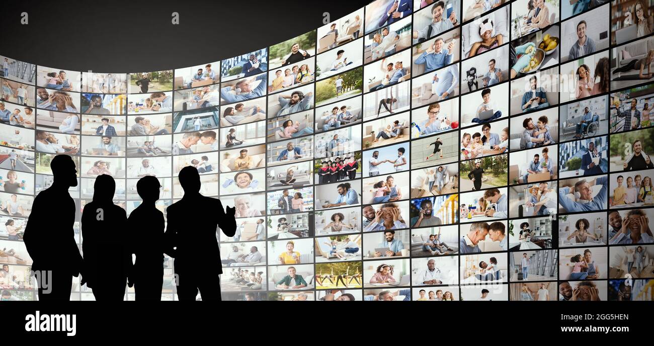 Broadcasting Concept. Digital wall with different channels and people ...