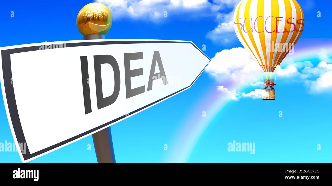 Idea leads to success - shown as a sign with a phrase Idea pointing at ...