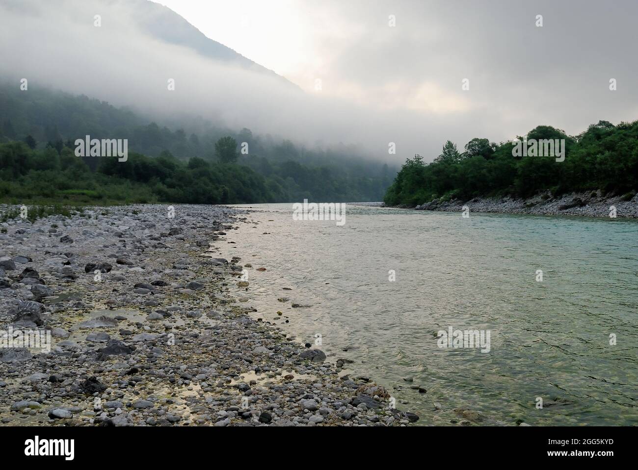 Slovenia, misty dawn over the Soca river (Isonzo river) near Volarje ...