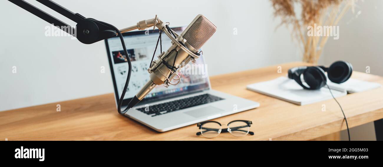 Wide image. Broadcast studio, interior. Homemade room for podcast ...