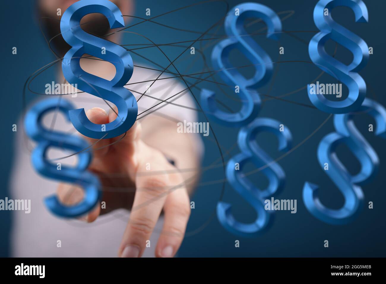 A finger touching a digital illustration of floating law signs in 3D ...