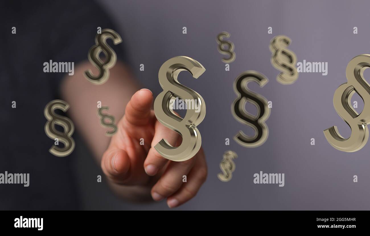 A finger touching a digital illustration of floating law signs in 3D ...