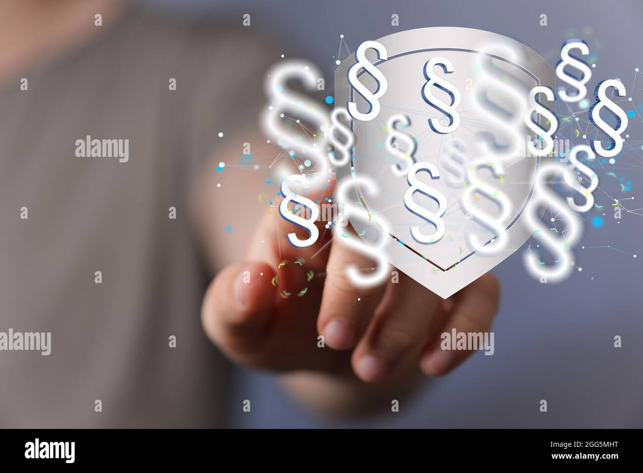 A finger touching a digital illustration of floating law signs in 3D ... A finger touching a digital illustration of floating law signs in 3D ...