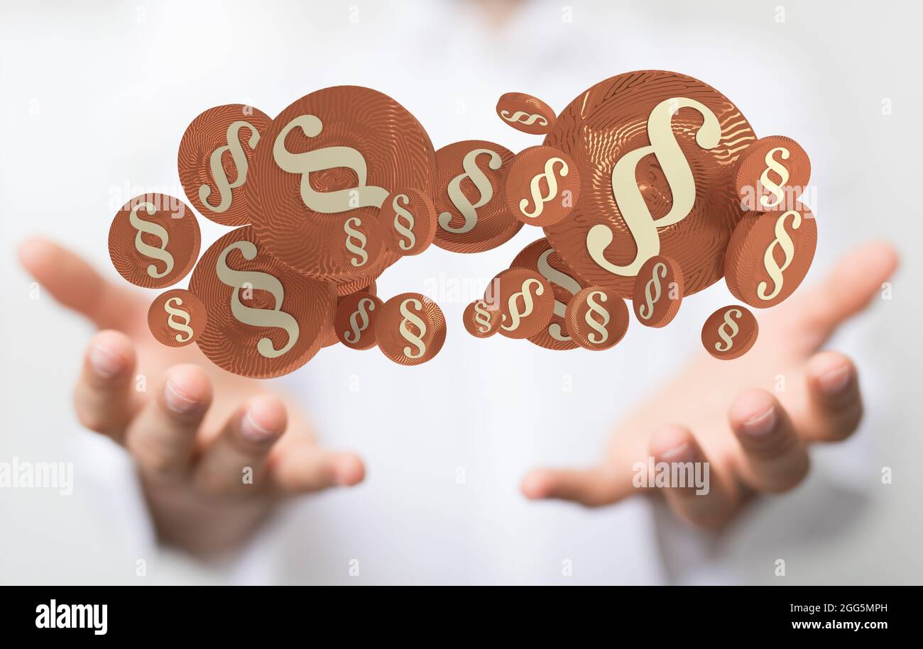 A digital illustration of floating law signs in 3D in hands Stock Photo ...