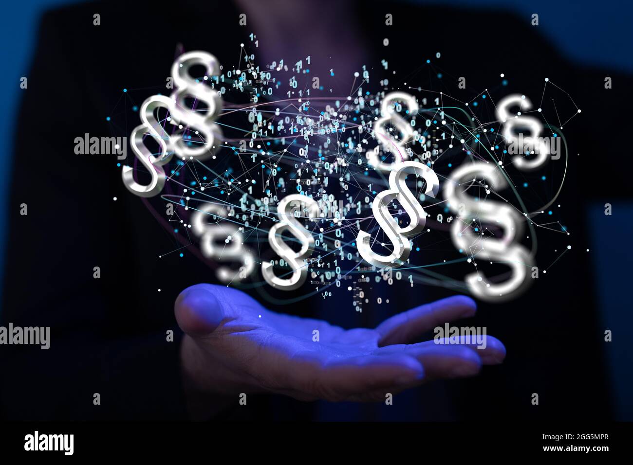 A digital illustration of floating law signs in 3D on a hand Stock ...