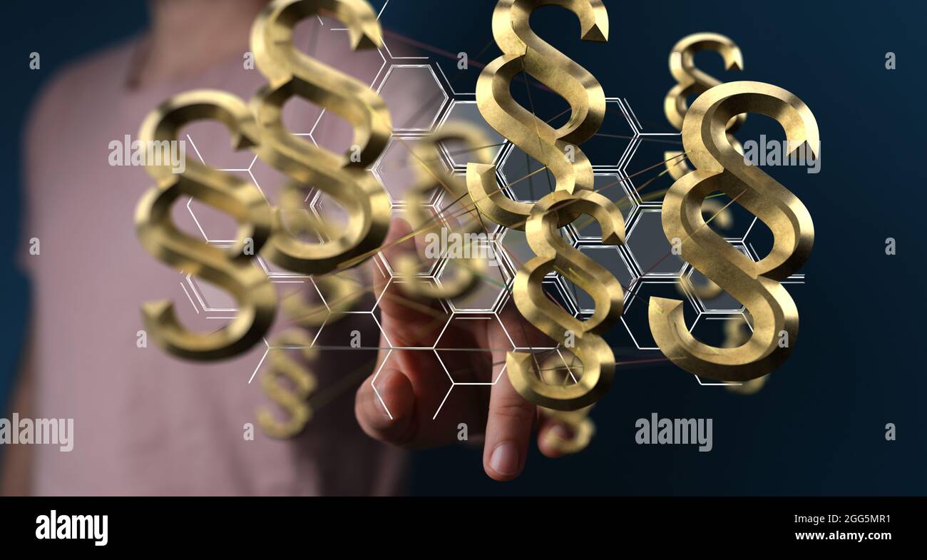 A finger touching a digital illustration of floating law signs in 3D ...