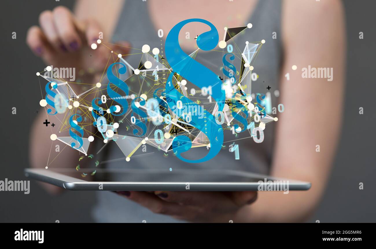 A digital illustration of floating law signs on a tablet in 3D Stock ...