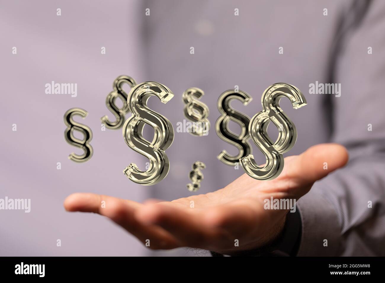 A digital illustration of floating law signs in 3D on a hand Stock ...