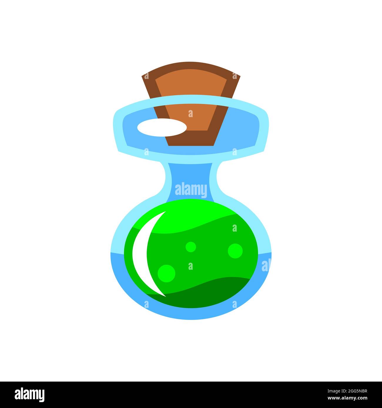 Green potion in glass bottle with cork. Chemical flask. Cartoon potion ...