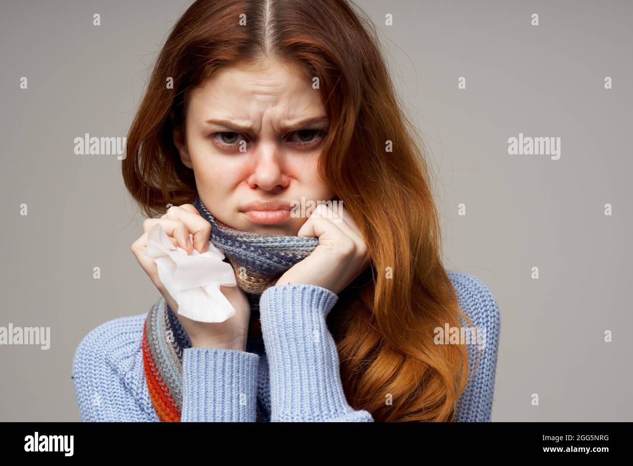 red-haired woman flu infection virus health care isolated background ...