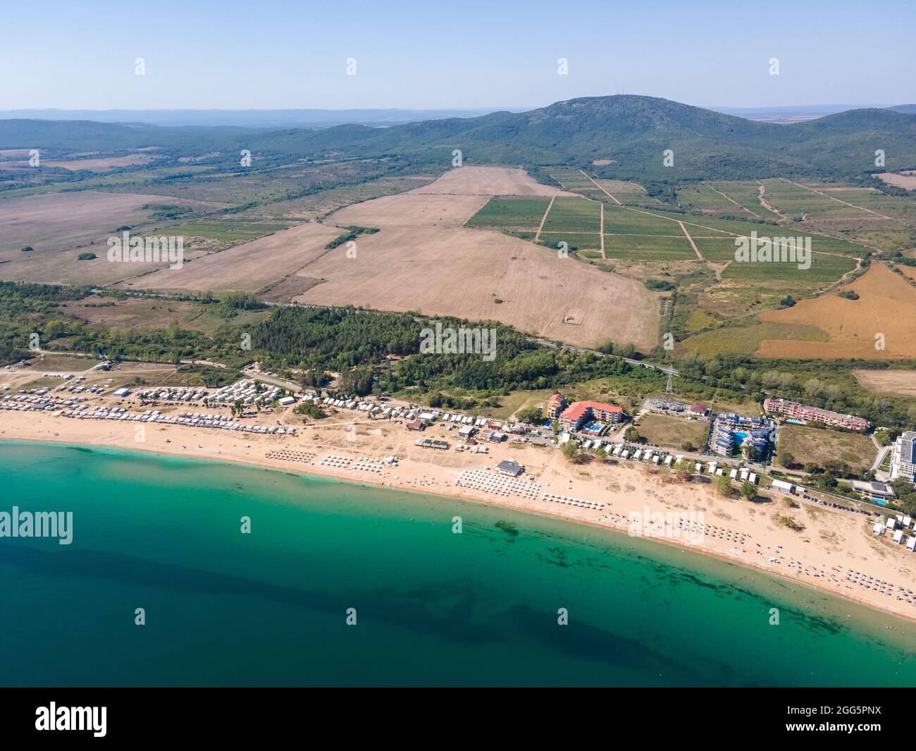 Aerial view of Gradina (Garden) Beach near town of Sozopol, Burgas ...