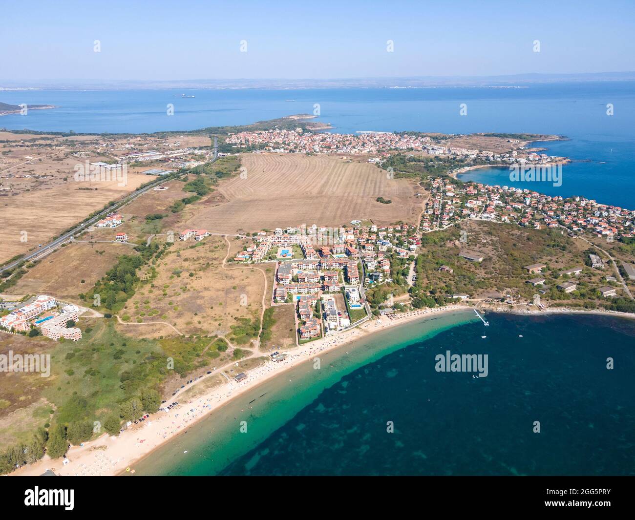Aerial view of Gradina (Garden) Beach near town of Sozopol, Burgas ...