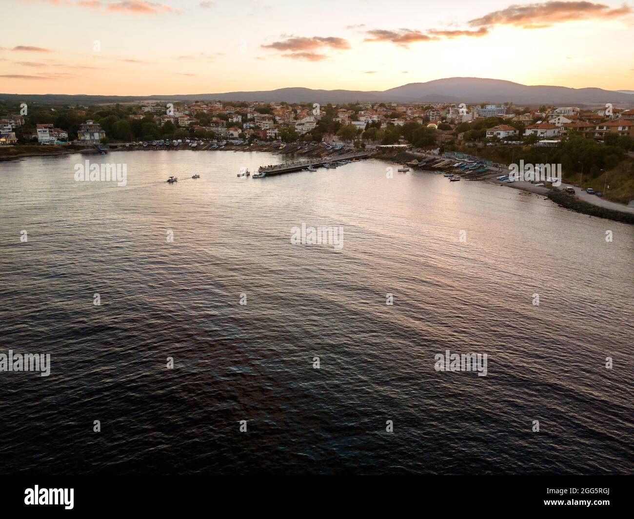 Amazing Aerial sunset panorama town of Ahtopol, Burgas Region, Bulgaria ...