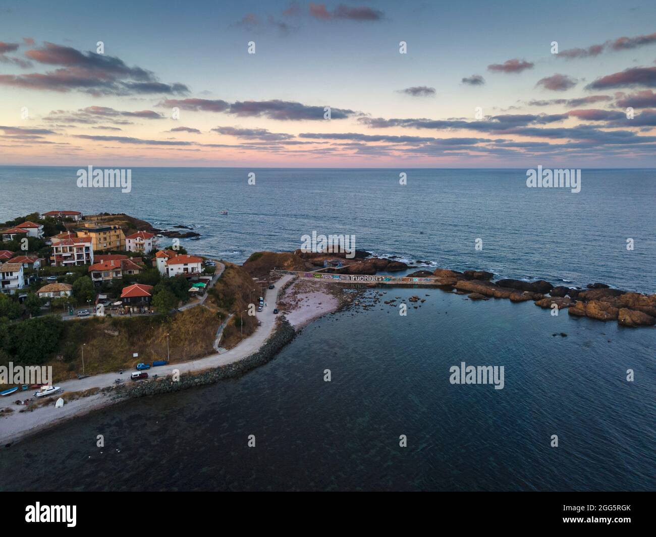 Amazing Aerial sunset panorama town of Ahtopol, Burgas Region, Bulgaria ...