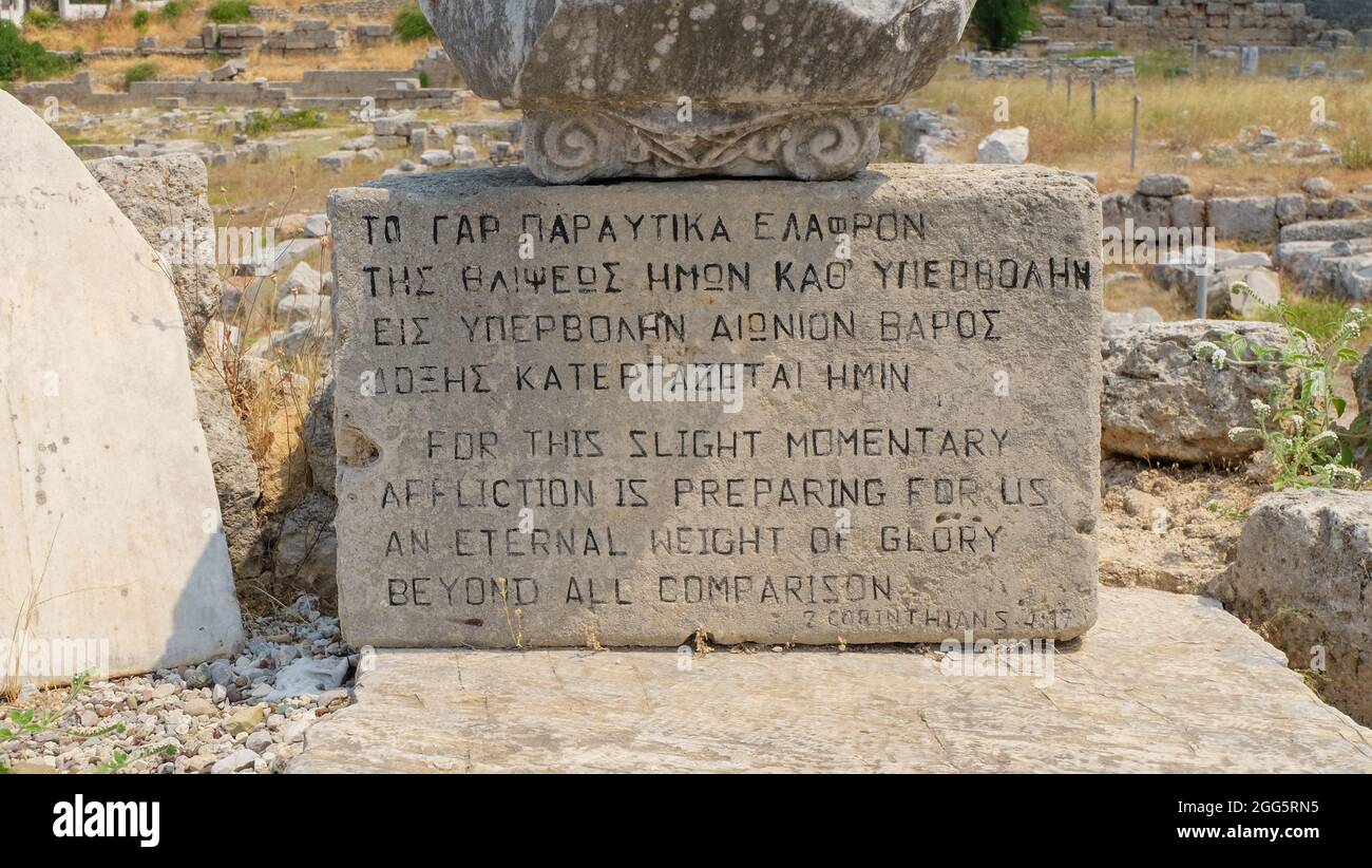 An inscription of 2 Cor 4:17 atop the bema at the archaeological site ...
