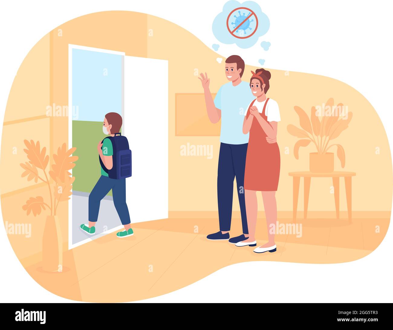 Happy parents see their son off to school 2D vector isolated ...