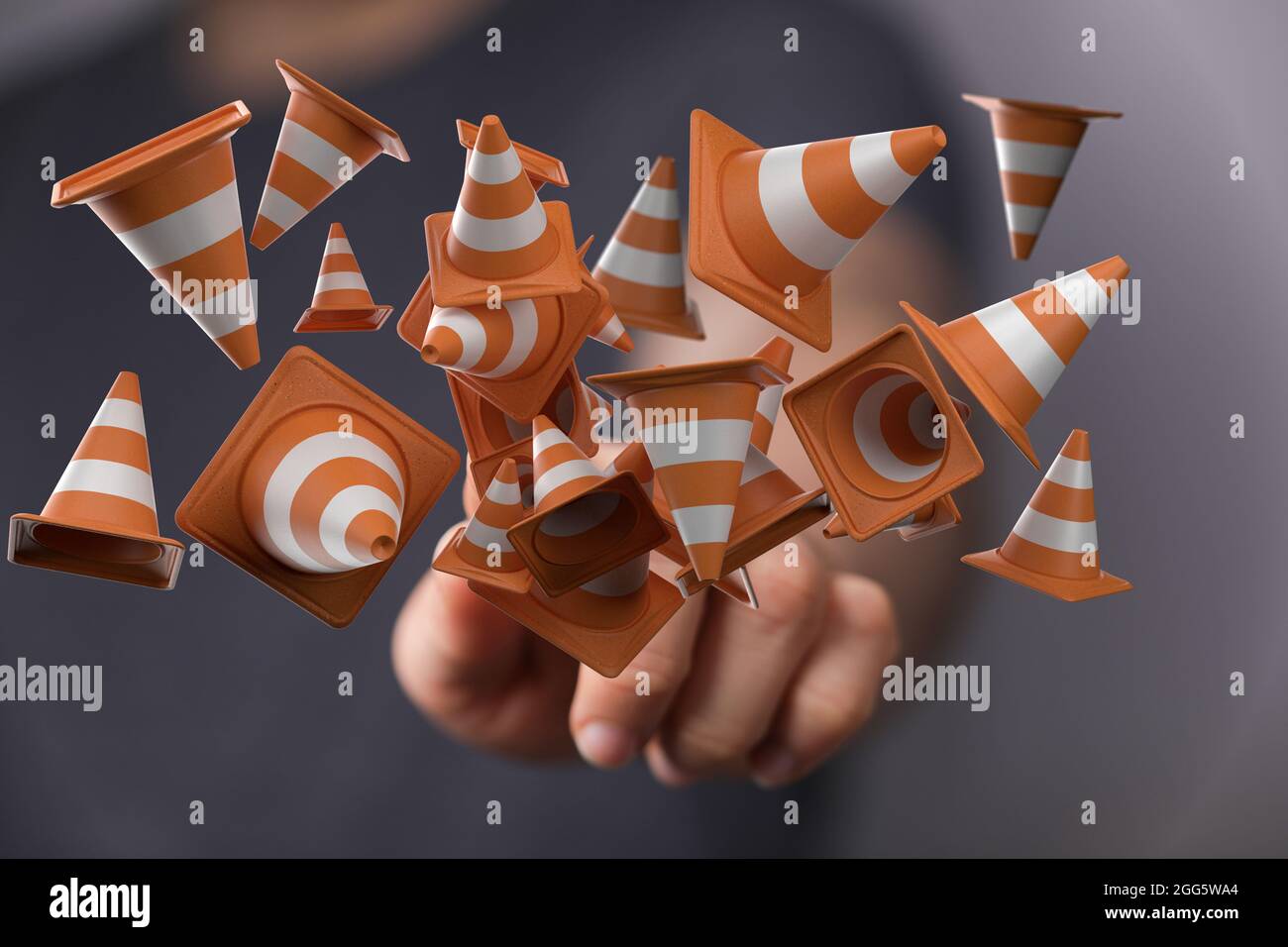 Orange traffic cones floating in the air - the concept of website ...