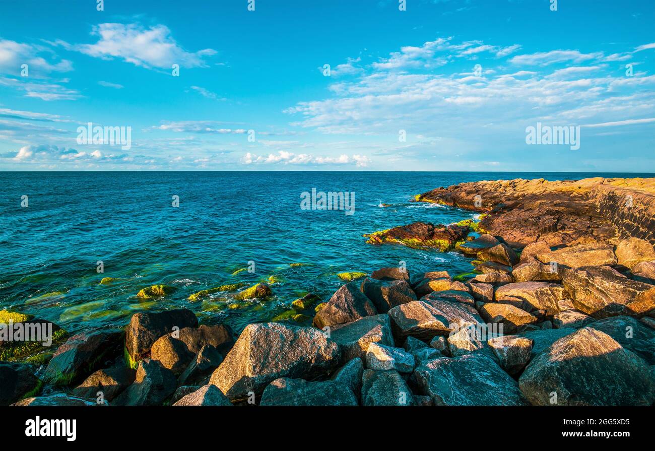 Rock formation in the picturesque small town Gudhjem, Bornholm, Denmark ...