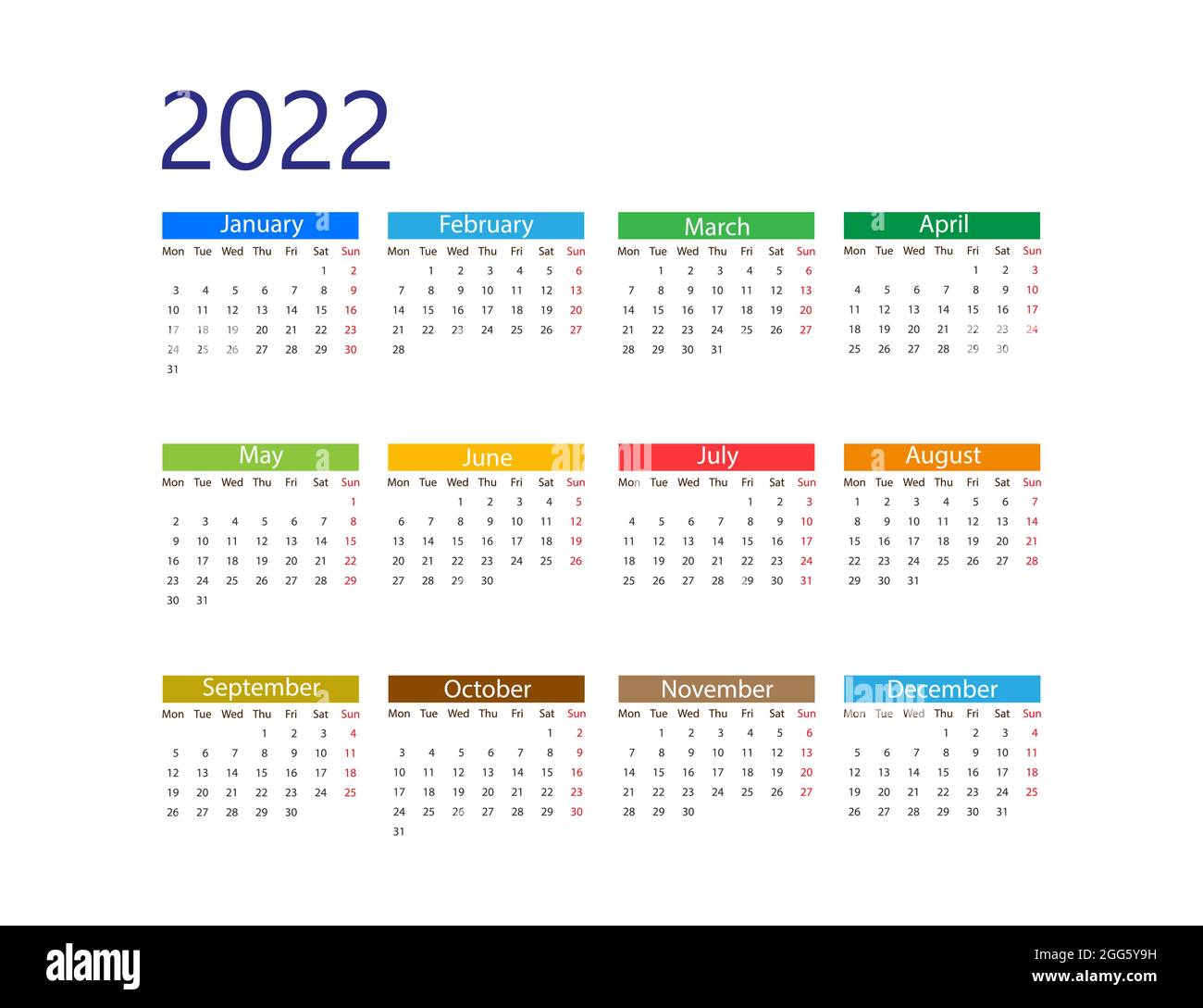 Weeks start on Monday Vector illustration. 2022 year, calendar Stock ...