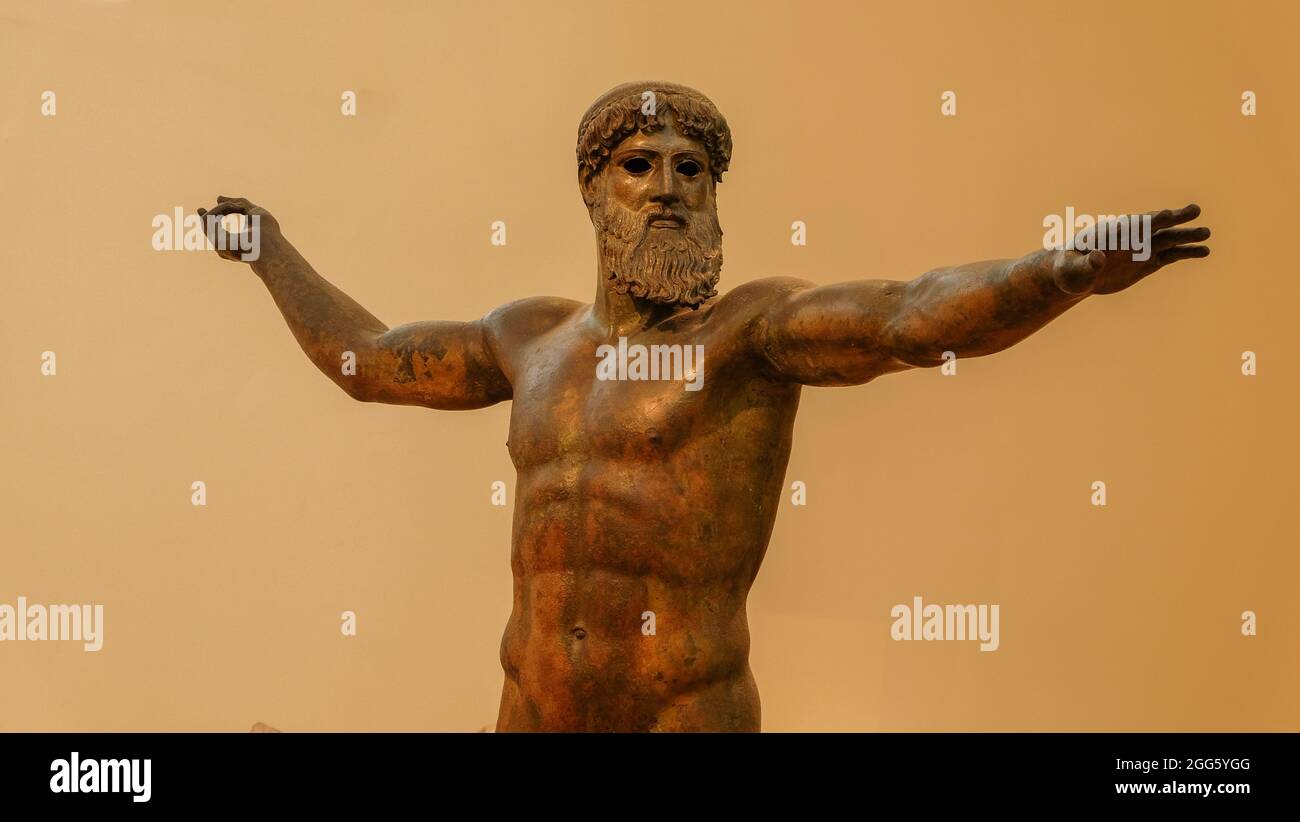 Bronze statue of Zeus or Poseidon at the National Archaeological Museum ...
