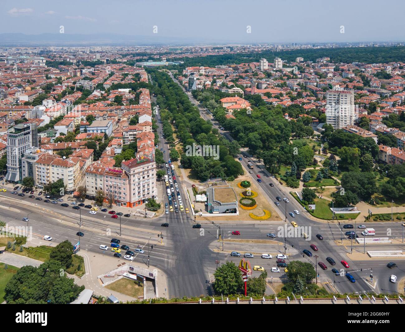 Amazing Aerial view of city of Sofia near National Palace of Culture ...
