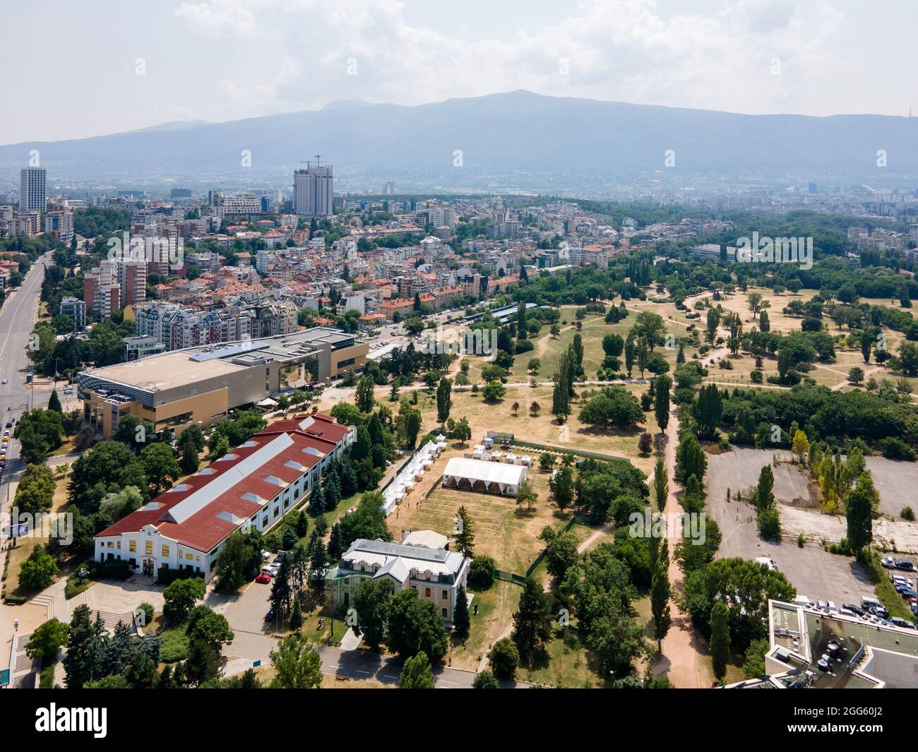 Amazing Aerial view of city of Sofia near National Palace of Culture ...
