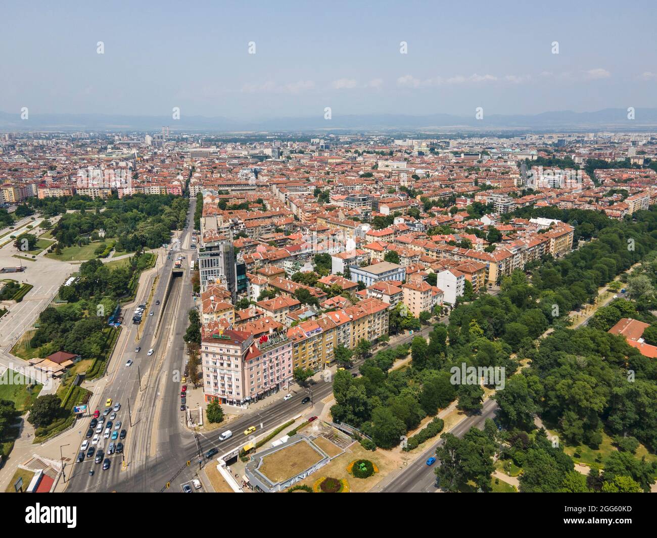 Amazing Aerial view of city of Sofia near National Palace of Culture ...