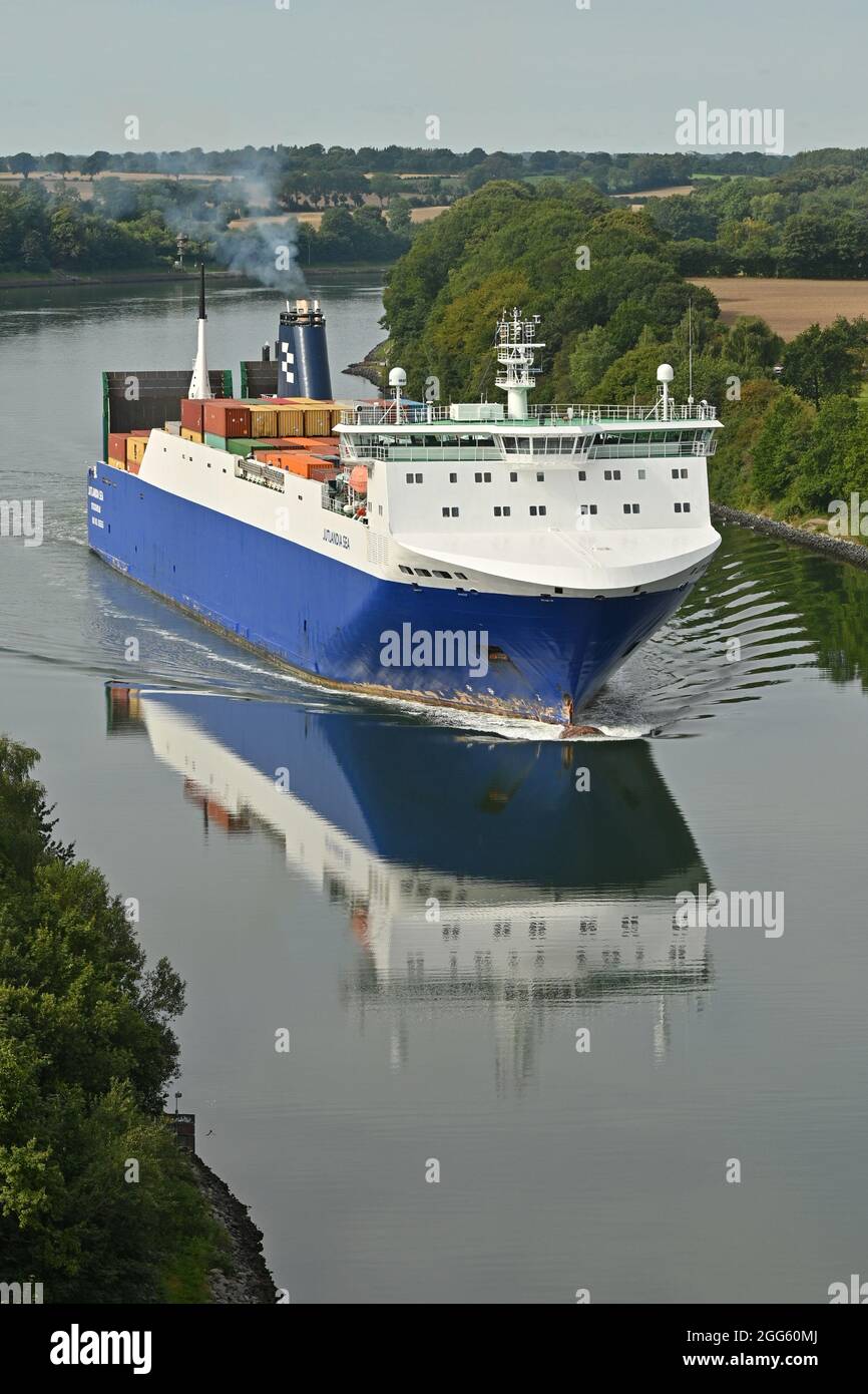 RO-RO ship JUTLANDIA SEA passing the Kiel Canal bound for Lübeck ...