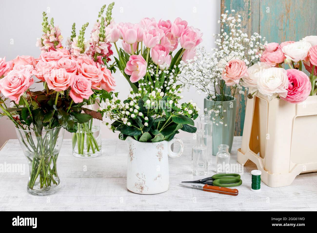 Florist workplace: flowers and accessories. Garden hobby Stock Photo ...
