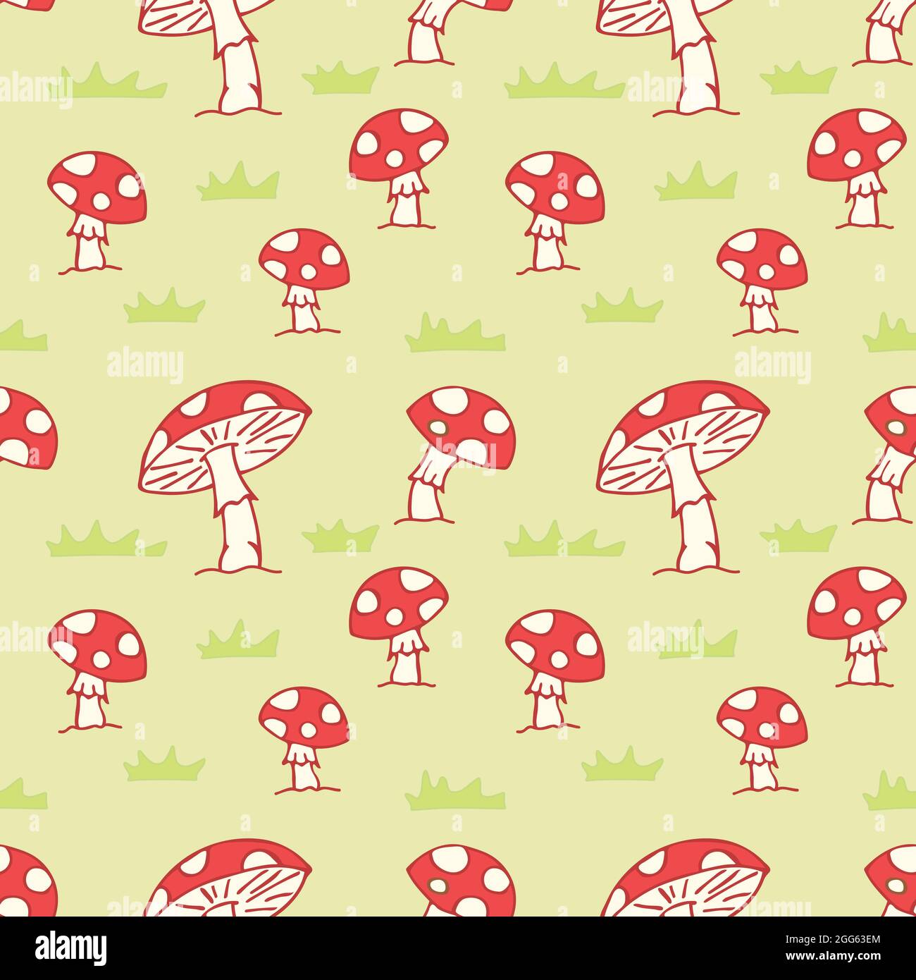 Red Mushroom Fly Amanita In The Grass Field Seamless Pattern Fungi