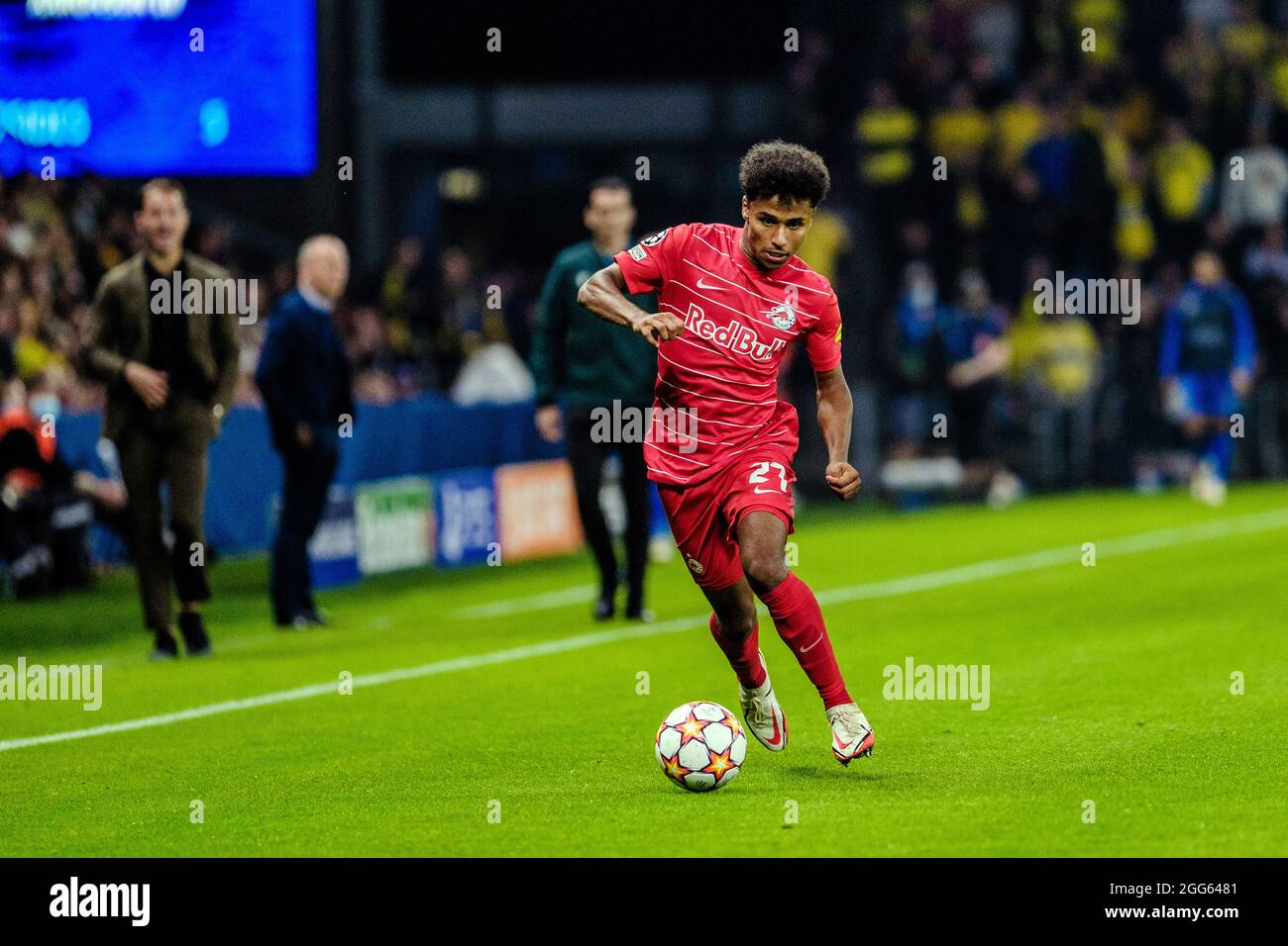 Broendby, Denmark. 25th, August 2021. Karim Adeyemi (27) of FC Red Bull ...