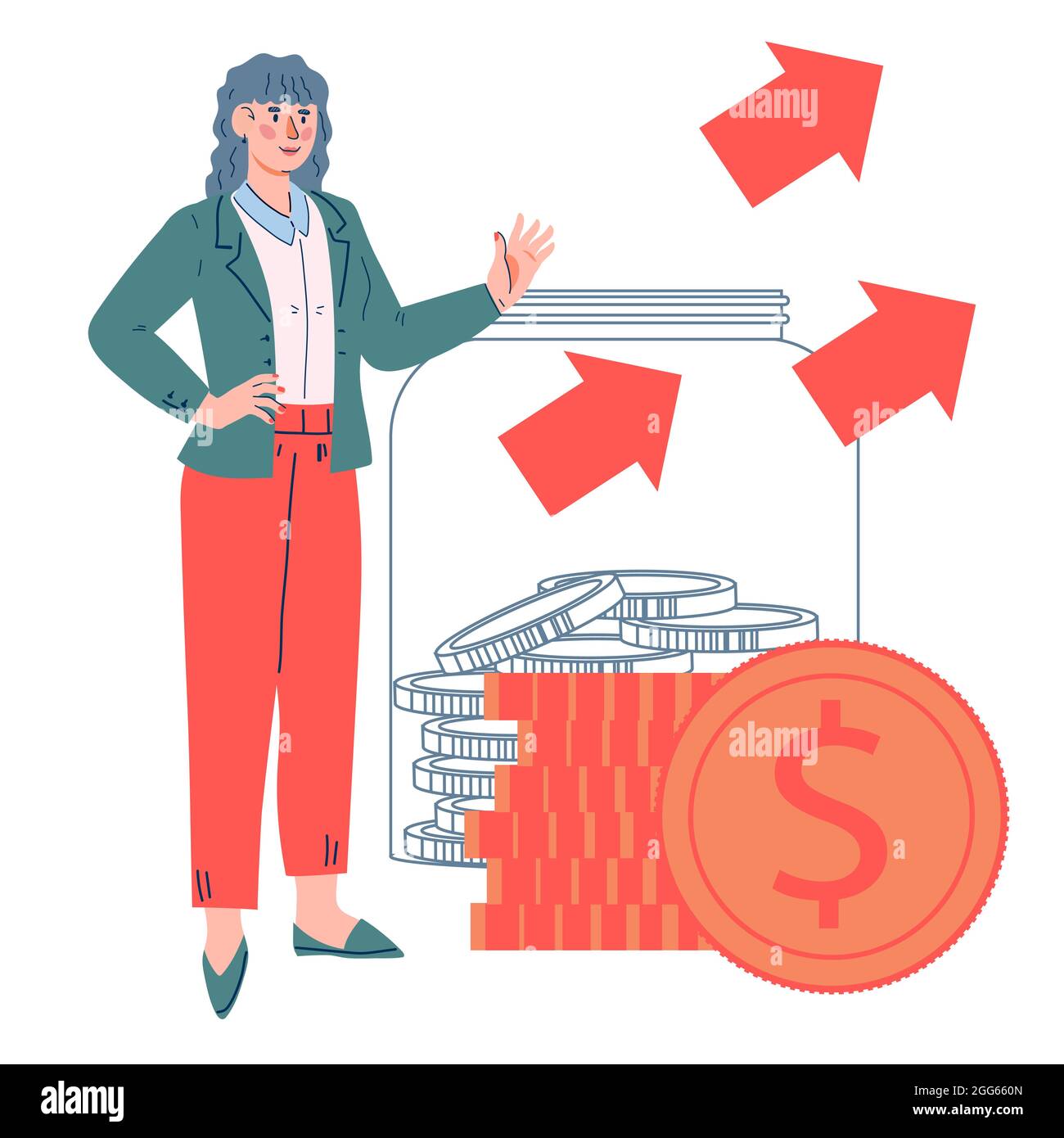 Successful business woman standing near by stack of money and coins ...