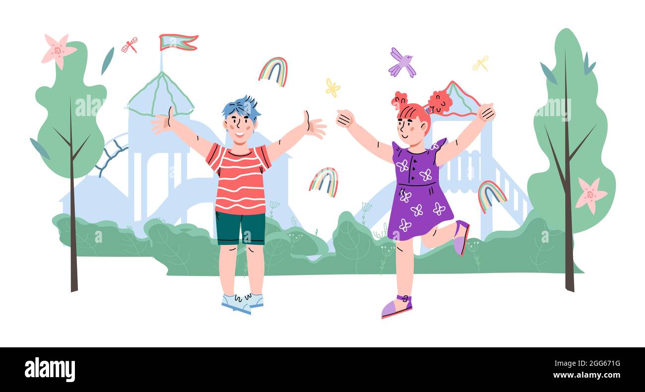 Cheerful jumping with joy children on summer playground, cartoon flat ...