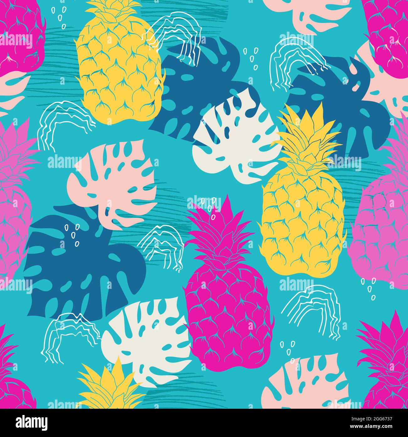 Tropical bright summer seamless pattern with pineapples, vector illustration. Summer pineapples ...