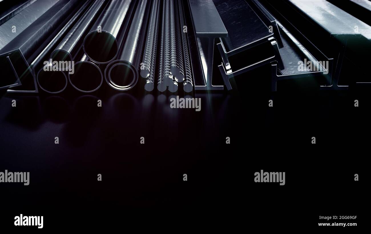 lighting rolled metal and rebar , digital industrial 3D illustration ...