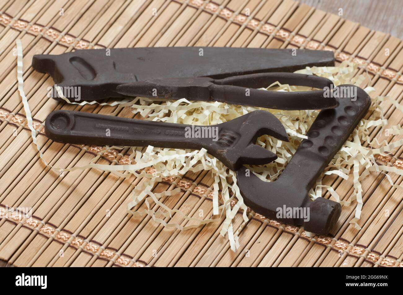 Chocolate tools collection on a bamboo background, close up Stock Photo ...