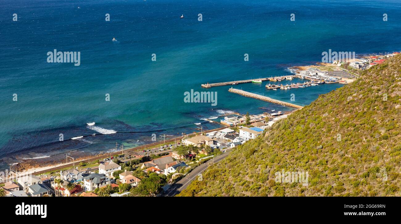 Elevated panoramic view of Kalk Bay Harbour in False Bay, Cape Town ...