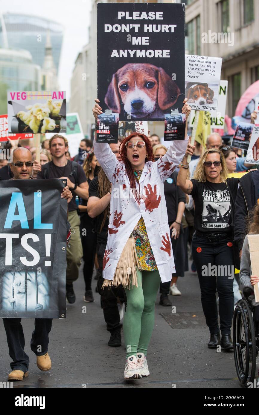 London, UK. 28th August, 2021. Animal rights activists from Camp Beagle ...