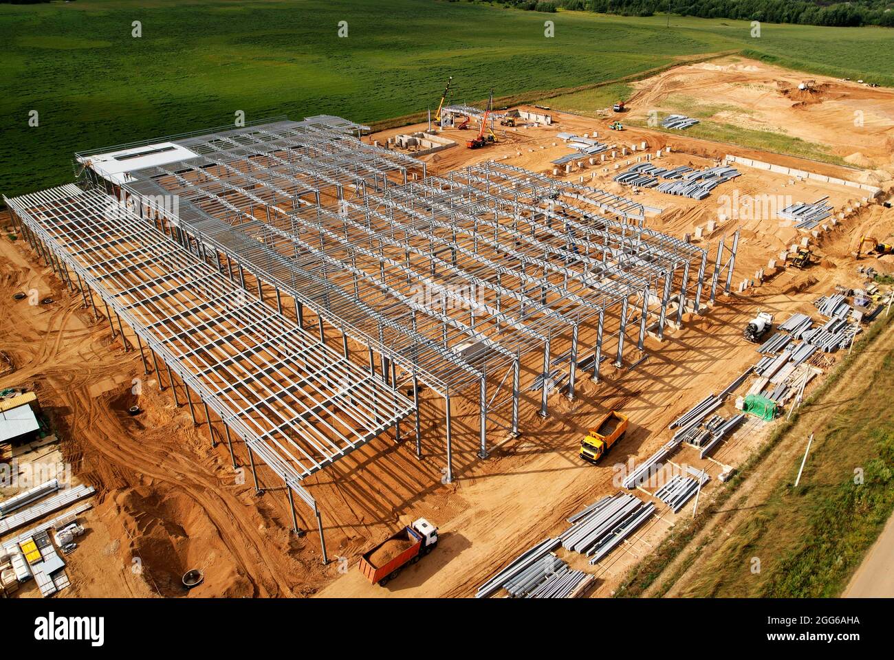 Construction of warehouse from metal structures. Industrial building on ...