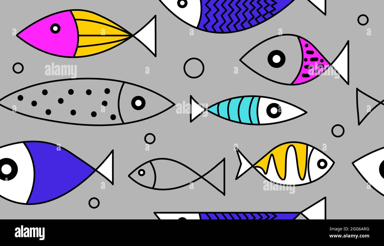 Cartoon seamless pattern with hand drawn fish for print, wallpaper ...