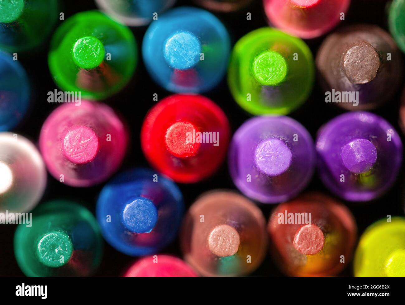 Colorful group pf wax crayons, large wax crayon set top view, macro ...