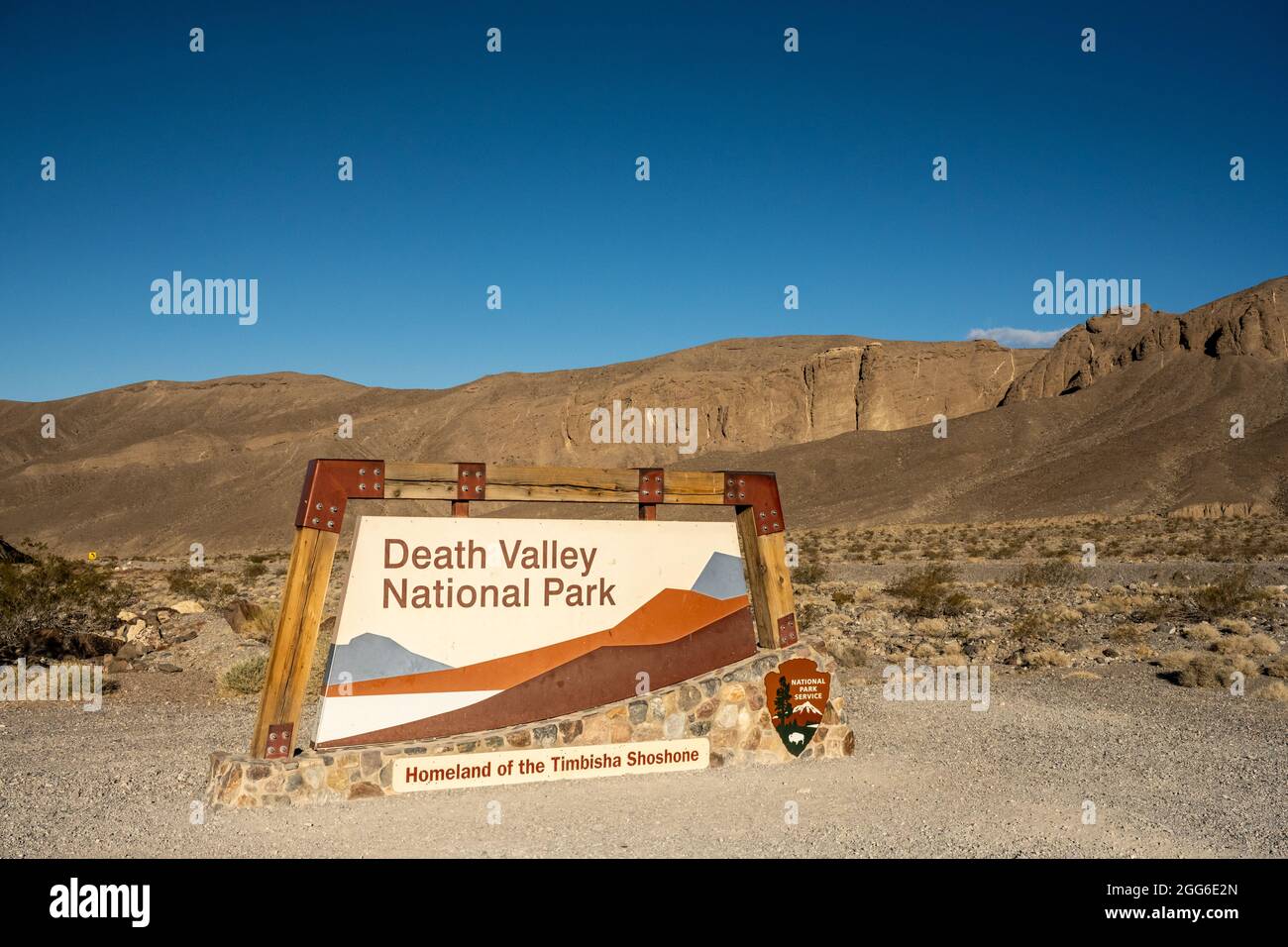 Death Valley Entry Sign With Barren Desert In Background Stock Photo ...