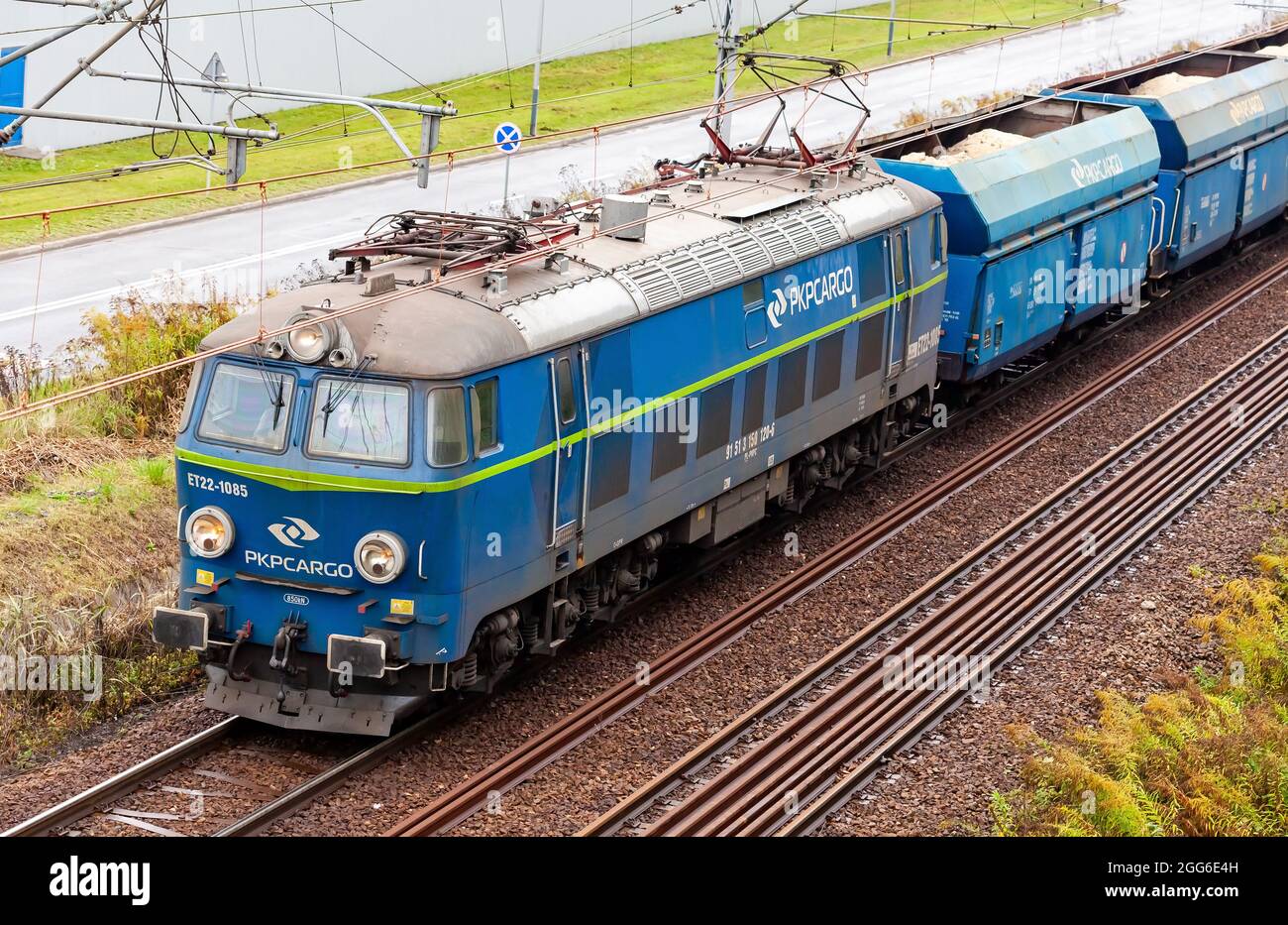 Krakow, Poland, polish PKP cargo train front closeup, rail transportation and logistics abstract ...